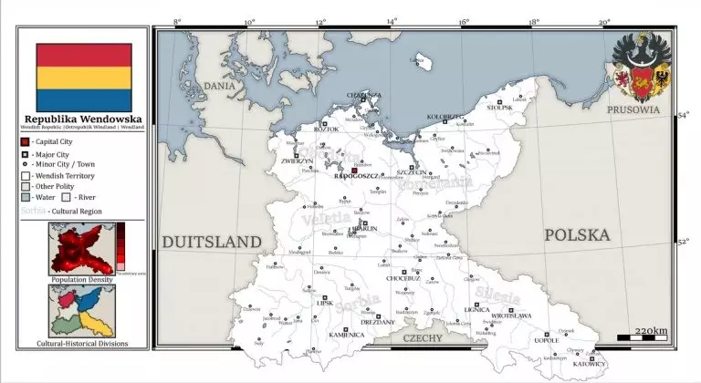 Mapa gidaghanon 2. Venndskaya Power (Republika Wendowska sa Polish nga bersyon) sa 8-10 siglo, gilangkoban sa 5 rehiyon (asosasyon) sa Slav: encrypses (abtriti sa Frankish nga Cronicas), mando (Luthich), Pomorjan, Luzhican (Sorbov-Serbov), Silesia.