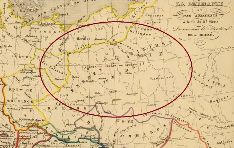 Kortelės numeris 3. Venecijos rato genčių, esančių V amžiuje po mūsų eros, išsidėstymas tarp slavų (Venecijos) jūros ir Dunojaus-Danubijaus (žr. Žemiau Rugilando). Viršuje, kairėje, yra lyutichi, šalia varnos (varnas) ir ruyans. Iš prancūziškų žemėlapių atlaso. Autorius: De A. HOUZE. Paryžius: Chez P. Dumenil, 1844 m.