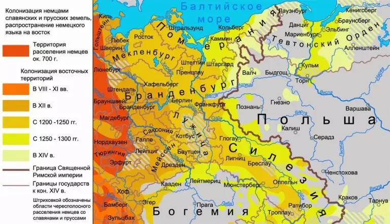 Kartennummer 5. Militärische wirtschaftliche Besiedlung des Landes von Slawen und Refraktoren in den Jahrhunderten von VIII-XIV.