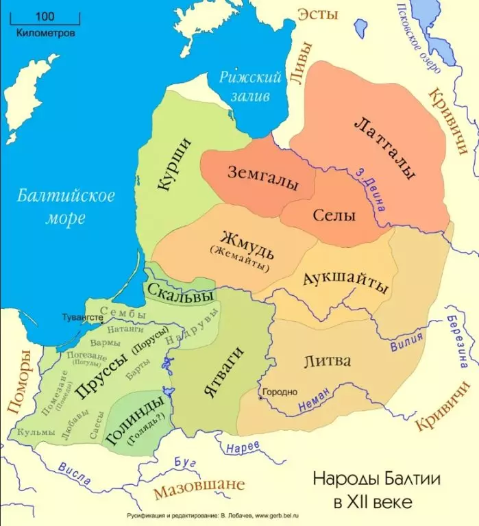 Número do cartão 6. O mapa dos povos bálticos é a área de acomodação dos colonos eslavos ocidentais (Lyutichs, Obodrit, Poruss / Prussians, Pomorians e outros) que foram para o leste sob pressão dos cruzados católicos alemães e a localização de Lutva (Lituânia) # 2 .