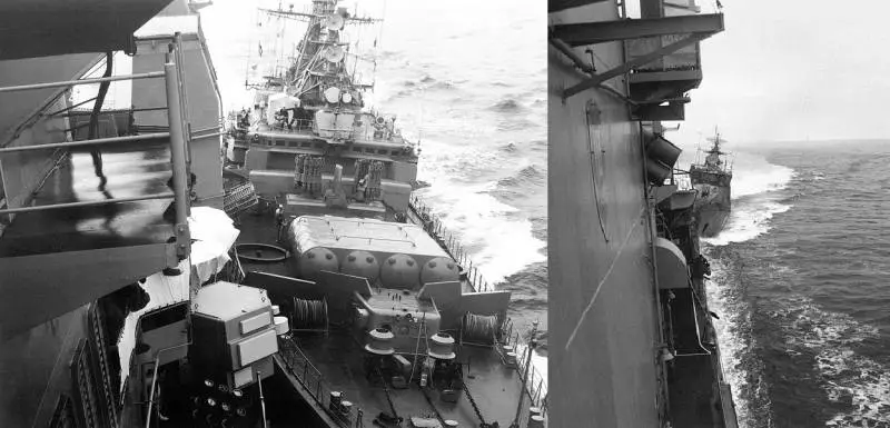 La nave matura "A meno che" Project 1135.2 "The BureVestnik" cadde sull'American Cruiser Yorktown, come "Thikonderoga" (immagine a sinistra), e il guardiano "SCR-6" svolge azioni simili contro il cacciatorpediniere di Caron, come "Sprunes "(Immagine a destra)
