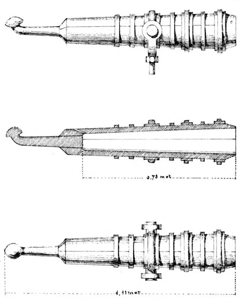 Le pistolet sur le pivot dans les rassemblements du musée Dankig du XIXe siècle. Auparavant daté du XIVe siècle, mais il appartient probablement à la première moitié du XVe siècle. Il est possible que de telles structures (dans le tonneau en bref, l'ail) puissent déjà être installés sur des navires de guerre à la fin du XIVe siècle. Longueur du réservoir 0,73 m, avec une poignée de 1,11 m. Essenwein, image 10b