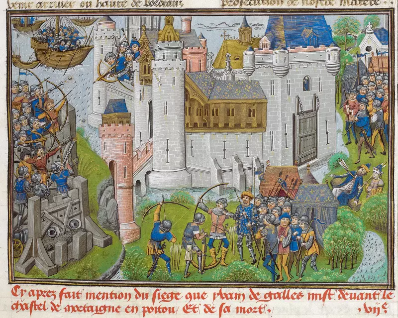 Miniature dans Manuscrit, faite environ 1470-1480. Les bandes de fer derrière des couvertures en bois correspondent approximativement à ce qui pourrait être vu dans le siège, à partir des années 1380. Les poignées de longue durée de vie ne sont toutefois apparues que de 1400 à 1410 gg. "Chroniques d'Angleterre" manuscrites Jean Vavrina ("Recueil des Croniques d'Anglais"; Royal 14 e IV)