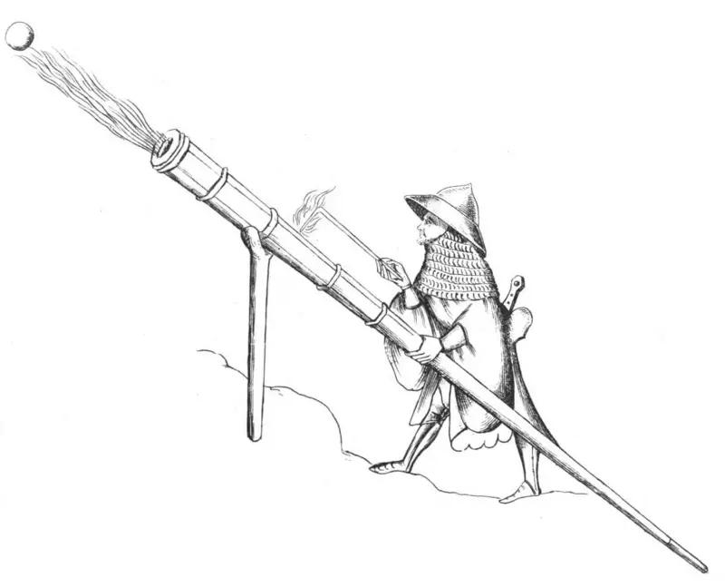 Tirant d'un petit calibre ou d'un pistolet à la main avec un long mensonge coaxial. Figure sur miniature dans le manuscrit du XVe siècle. Essenwein, 11b Image