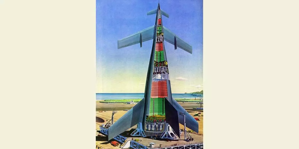 "Traghetto spaziale" von Brown. Quindi il famoso designer ha visto il futuro razzo. Rocket a tre gradini, completamente riutilizzabile, ogni fase ha un'ala e può sedersi "Aereo"