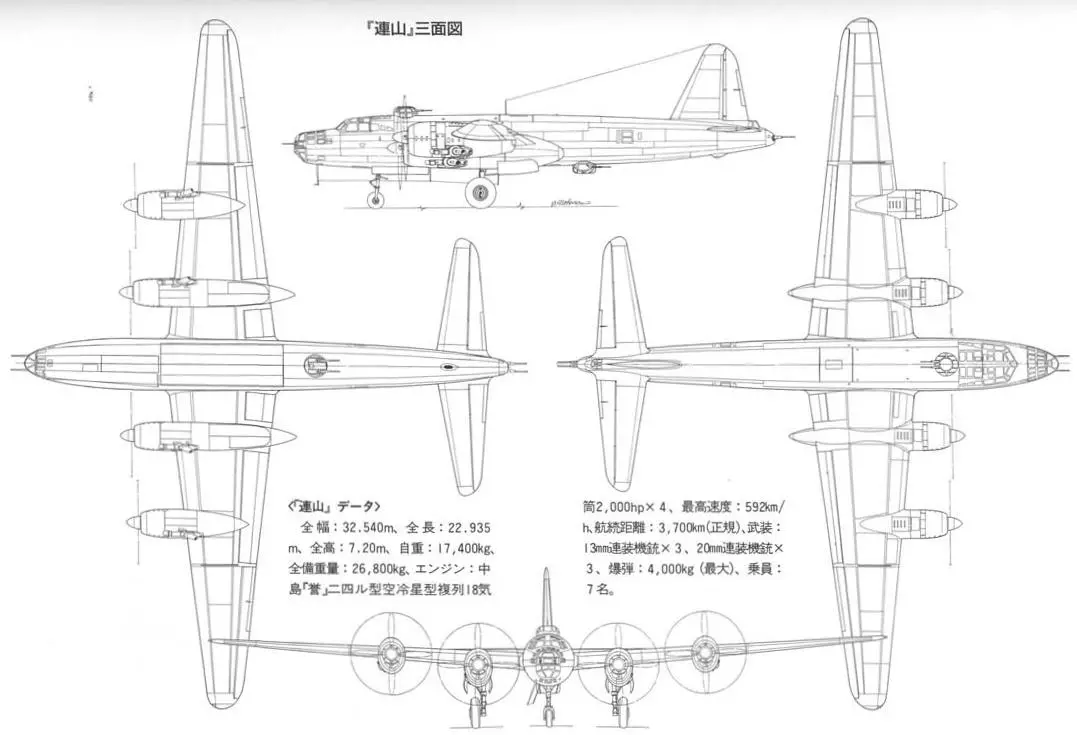 Tapasztalt nehézbombázó Nakajima G8N1 Renzan (中 島 G8N1 連山). Japán