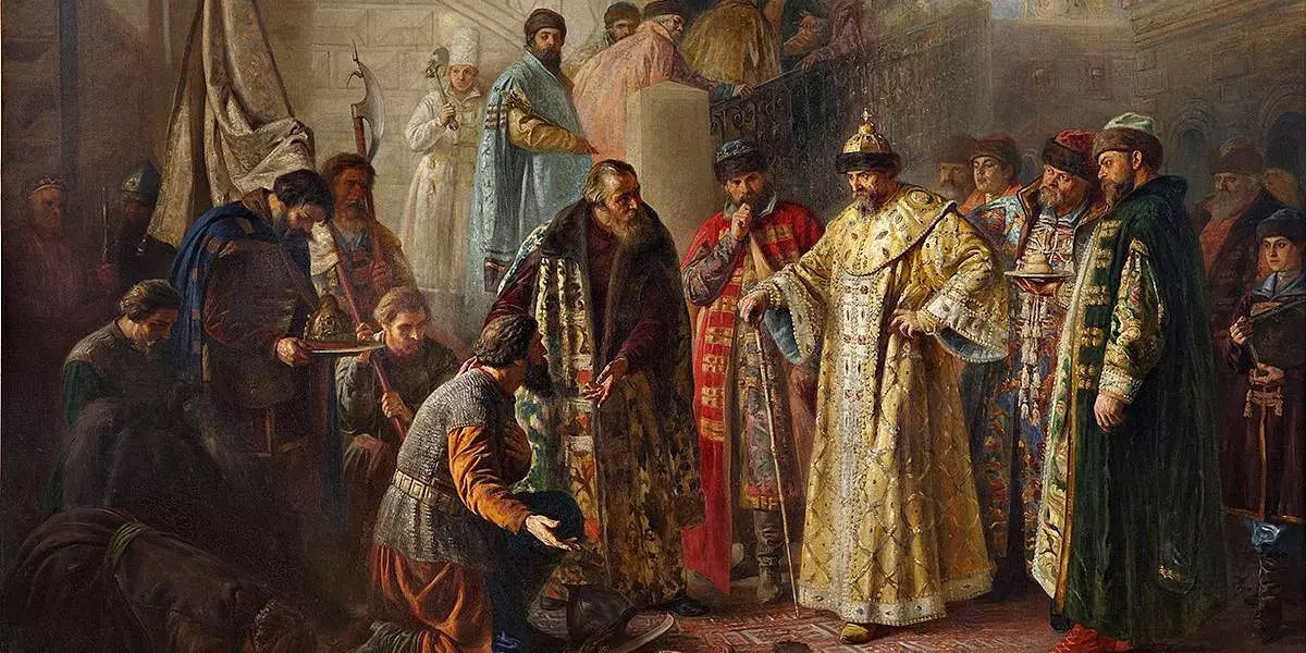 Ang mga messenger mula sa Ermak sa pulang beranda sa harap ng Ivan the Terrible, artist - S. Rostvorovsky