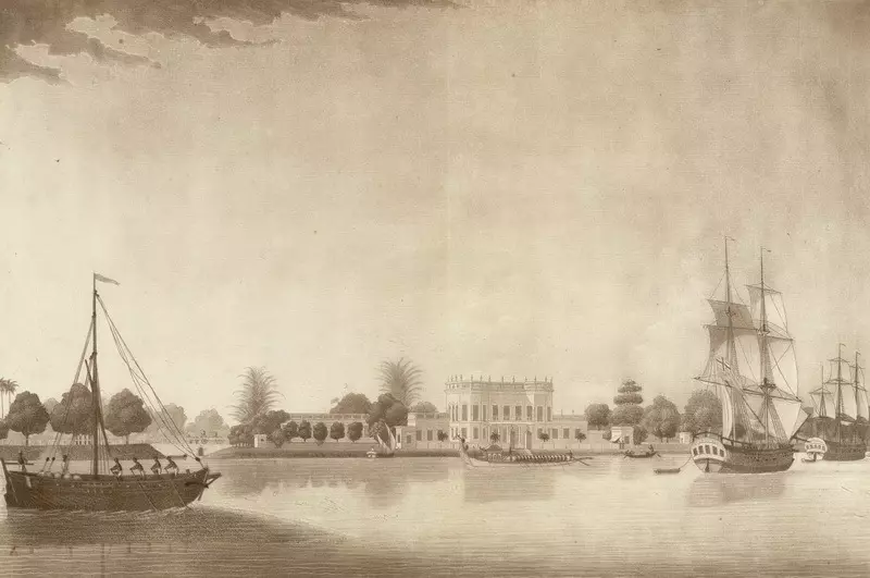 Kolkata, caasimadda xafiiska Bengali ee Shirkadda East India. Webiga Hooghly. Bilowgii qarnigii 19aad. kimagee.org