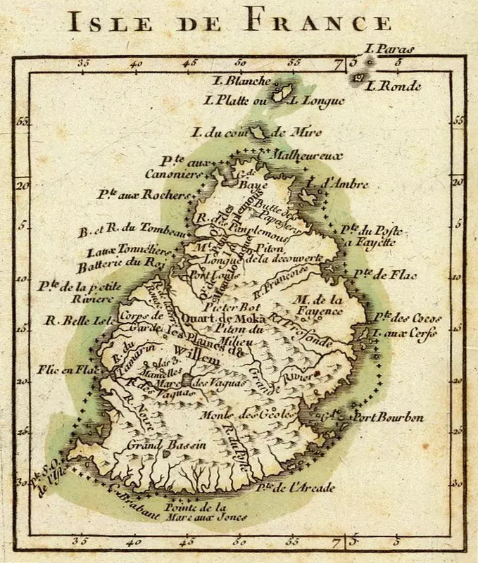 Mapa de l’illa de Maurici, que es va anomenar Ile-de-France durant el domini francès (1715-1814). vec.wikipedia.org