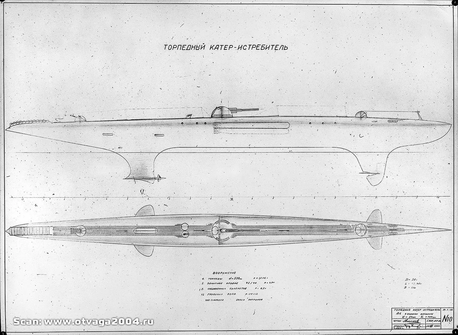 Das Projekt des Kämpfers mit stürmerndem Boot an den Unterwasserflügeln A4. die ussr.