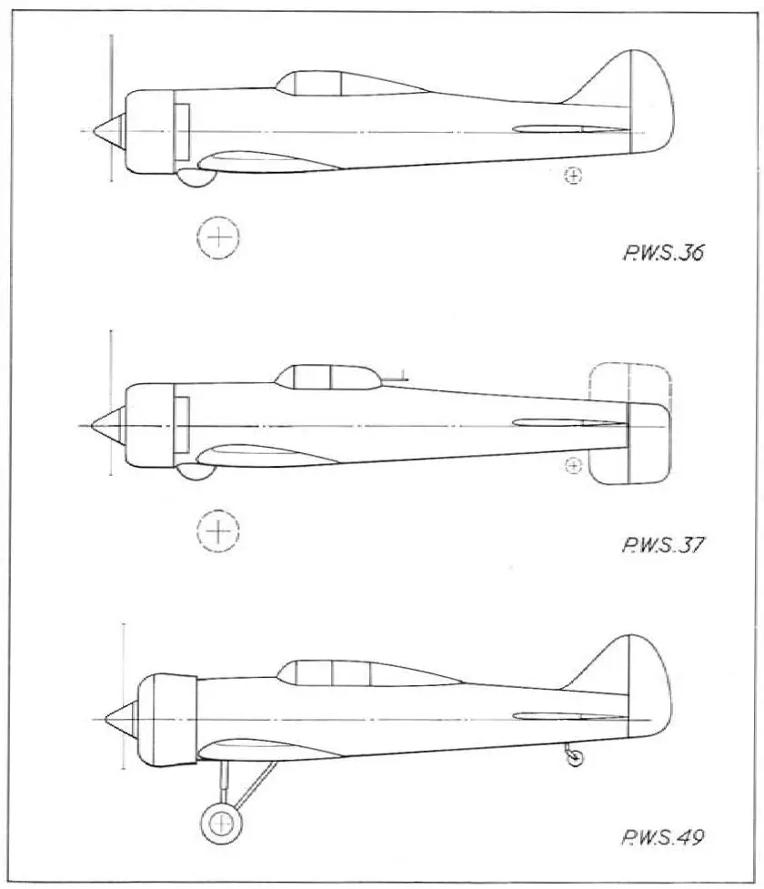 esquemas dos projetos do caça P.W.S.36, do caça-bombardeiro P.W.S.37 e da aeronave de treinamento P.W.S.49