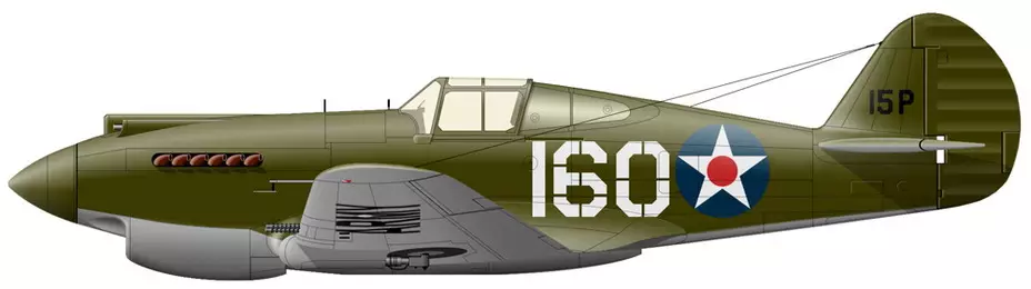 Къртис P-40B Warhawk от 47-та изтребителна ескадрила на USAAF, на която подпоручик Джордж Уелч води въздушни битки на 12.07.1941 г. (чертеж на автора)