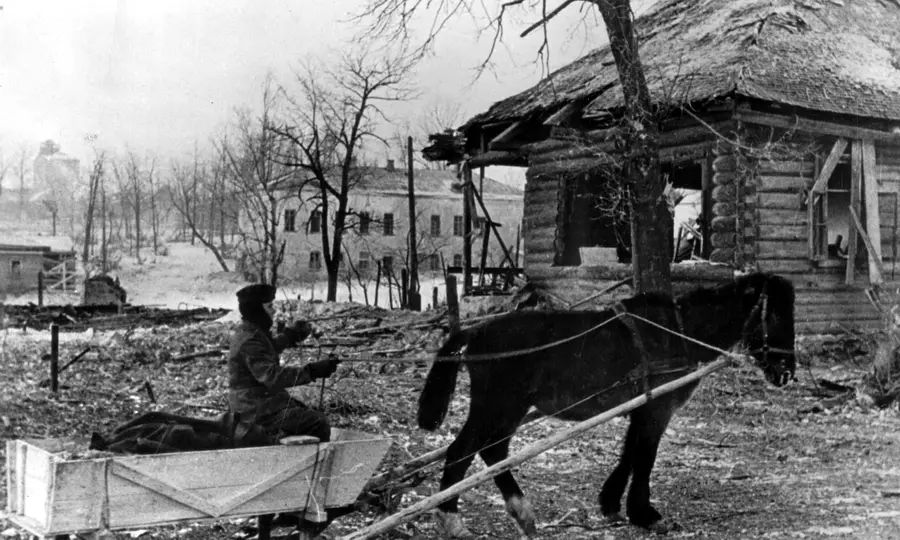 German soldier in the sannament on the street of the destroyed village, January 1943