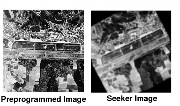 À gauche - l'image de la cible définie dans les blocs de localisation à la bombe contrôlée par le GBU-32B. À droite - l'image de la cible tirée par les gos radar de cette bombe.