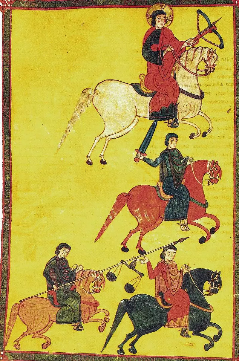 A primeira imagem do piloto com uma besta do manuscrito catalão 1086. A miniatura é de quatro cavaleiros do apocalipse. Arquivo da Catedral na cidade de Burgo de Osma-Ciudad de Osma, Espanha