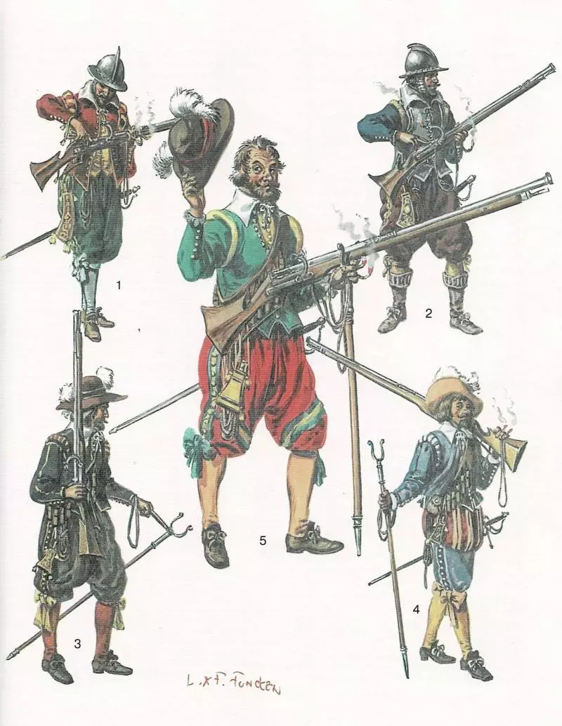 Arkebysau Ewropeaidd a mwsketes y ganrif XVII gydag arf Wick yn eu dwylo. Mae'n hawdd gwahaniaethu rhwng y cyntaf o'r ail: roedd yr Arkebusiers yn gwisgo helmedau ac nad oedd ganddo ddarnau arian i'w tanio. Darlun o Liliana a Freds y swyddogaethau "Gwyddoniadur Arfau a Gwisg Filwrol. Canol oesoedd. Dadeni ERA: Troedfilwyr. Marchogion. Magnelau "m.: Astrel, 2002, tt 50