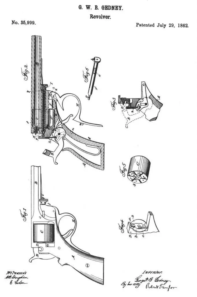 Noder ei fod yn amser pan oedd patentau ar gyfer gwella arfau yn cael eu llenwi fel digonedd. Yma, er enghraifft, un o'r "gwelliannau" hyn: Revolver G. V. Gedni dyddiedig Gorffennaf 29, 1862. Mae'r stupor yn cael ei yrru gan ddim lifer, ond sbardun. Mae'n saethu cetris papur gyda bwled wedi'i gludo. Ac mae ganddo hefyd un tiwb brand yn unig yn uniongyrchol o dan y CARGU, y bydd angen i'r capiau wisgo cyn y saethiad. Dyluniad Economaidd iawn