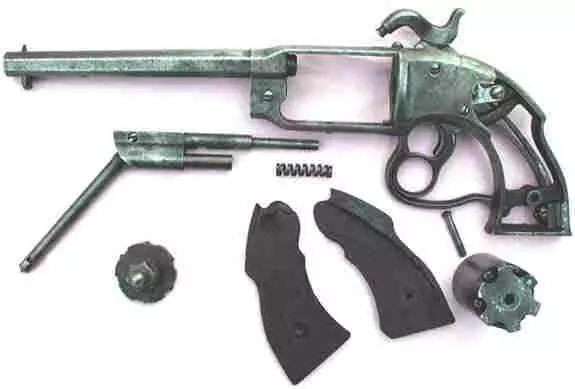 1861 yil "savovasi" revolverining qurilmasi. Ko'rinib turibdiki, unda tafsilotlar kam, bu uning uydirmalarini qulay qildi