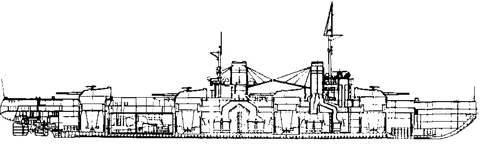 Verschidde (linear) Turret Layout op russesche Schluechtschëffer (iwwerschafft)