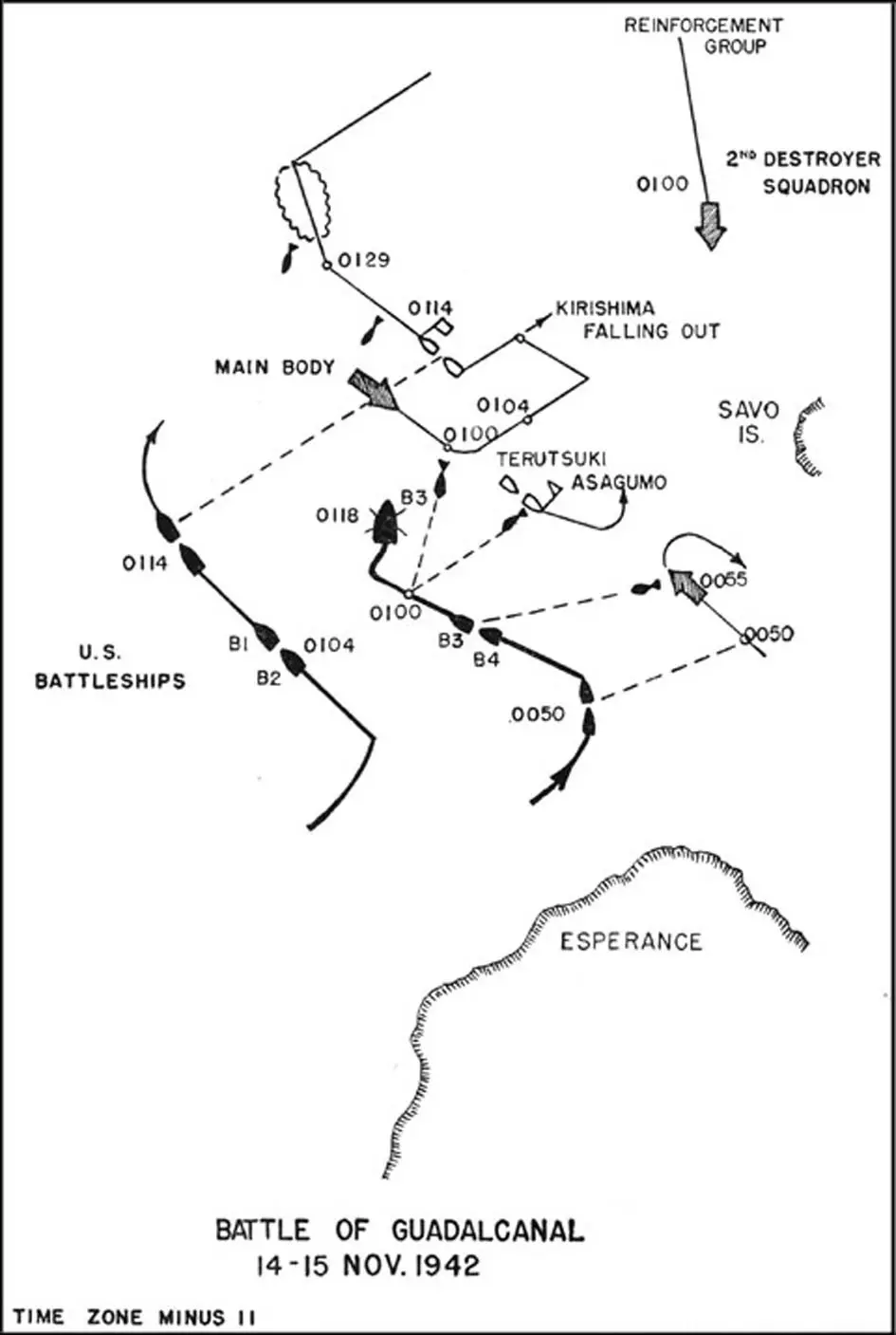 La batalo de Guadalcanal en la nokto de la 15-a de novembro 1942. Duel Linkorov. Fonto: La kampanjoj de la Pacifika Milito