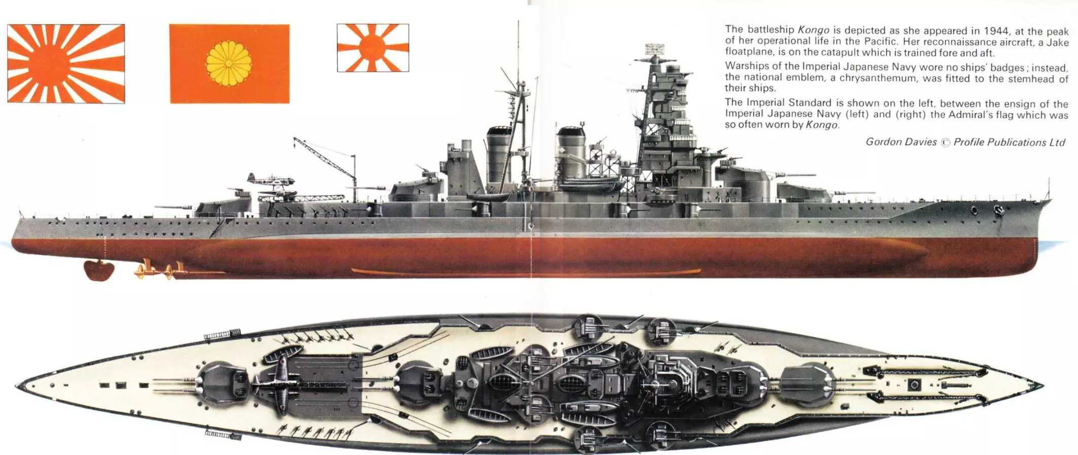 1944年線性船“剛果”。資料來源：Masataka Chihaya和Yasuo Abe。 IJN Kongo / Battleship 1912-1944 - Warship檔案№12