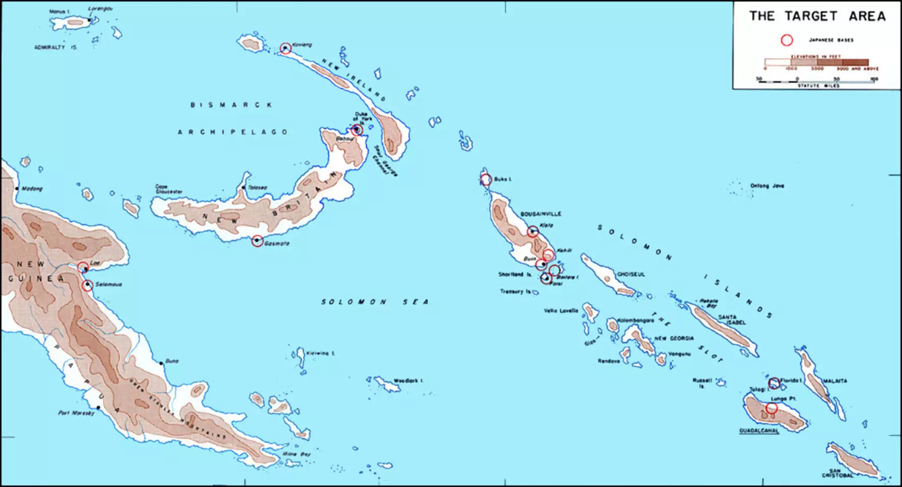 Új-Guinea és Salamon-szigetek. A piros körök 1942 augusztusában jelzik a japán bázisokat. Forrás: ibiblio.org.