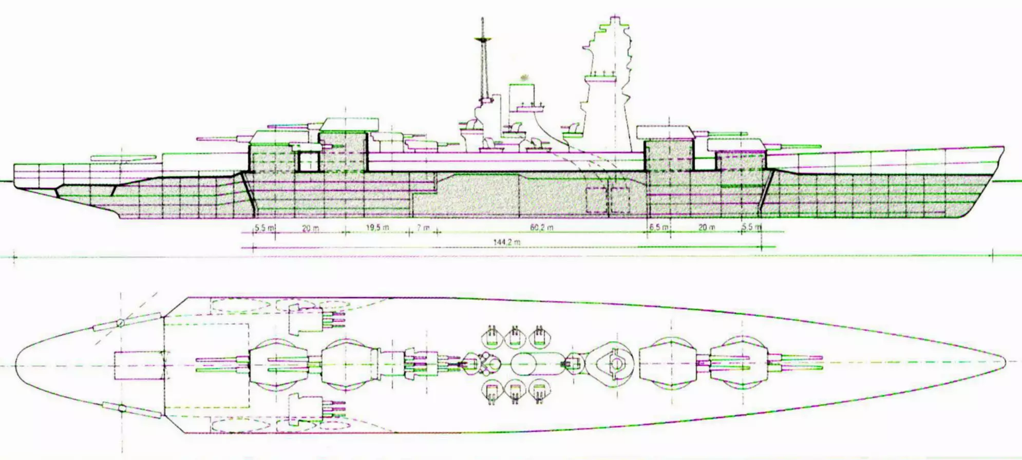 Projekt A-140-A-2. Kilde - K. Kwiatkowska, M. Skwiot. Geneza Budowy Japonskih Panceernicow Typu Yamato