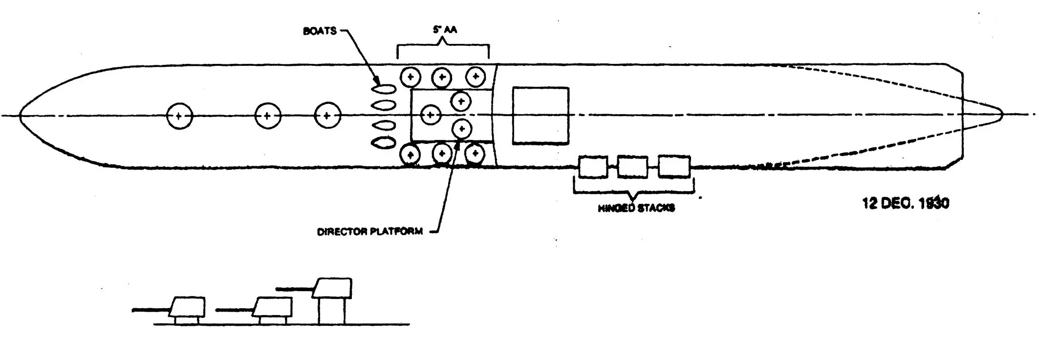 Het schema van de Cruiser van Aviance met een veevoederregeling van pistooltorens, ingediend ter overweging op 12 december 1930. Bron - Alan D. Zimm. De wijkcruiser van de USN