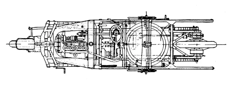 Plan of the Gyrocar. Note the large amount of space taken up by the gyroscope, and the offset driveshaft to the rear wheel. The seats are not visible on this drawing. План Gyrocar. Звярніце ўвагу на вялікую колькасць месца, займанага гіраскоп, і зрушэнне прывадны на заднія колы. Месца не бачныя на гэтым малюнку.