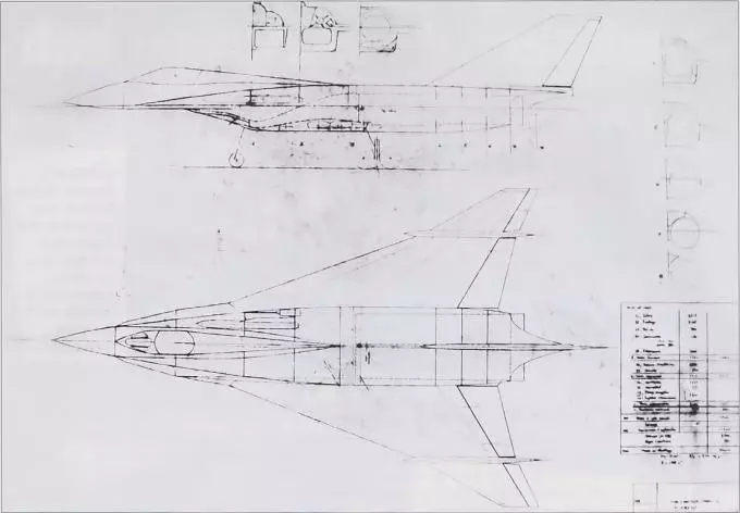 Um desenho do projeto preliminar do GZ-4 com mísseis colocados acima das entradas de ar do motor na parte superior da asa