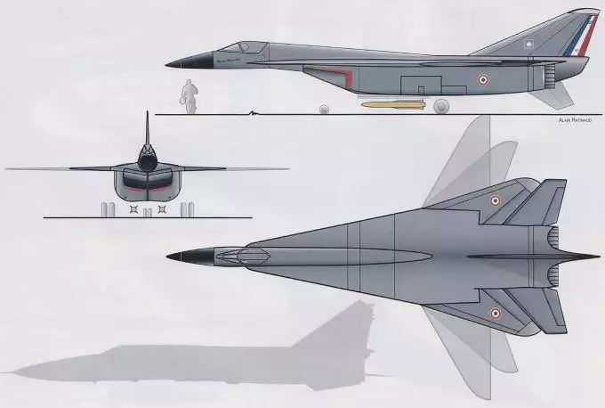 Desain awal GW-2 (X3) dengan sayap geometri variabel seharusnya menjadi pesawat tempur besar yang mampu terbang dengan kecepatan M = 4.0. Merah abu-abu pada gambar menunjukkan siluet pencegat MiG-25