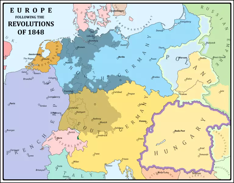 Karta över Europa efter händelserna 1848