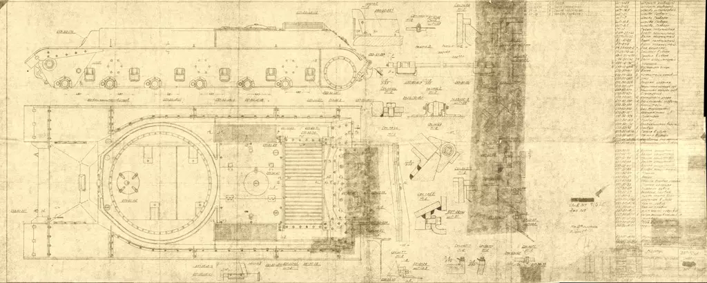 Omdesignat IC -fodral. Baserat på datumen på frimärket undertecknade Kotin ritningen den 12 maj 1943. Vid den tiden var det redan klart att IS-1 inte skulle gå i produktion i sin ursprungliga form.