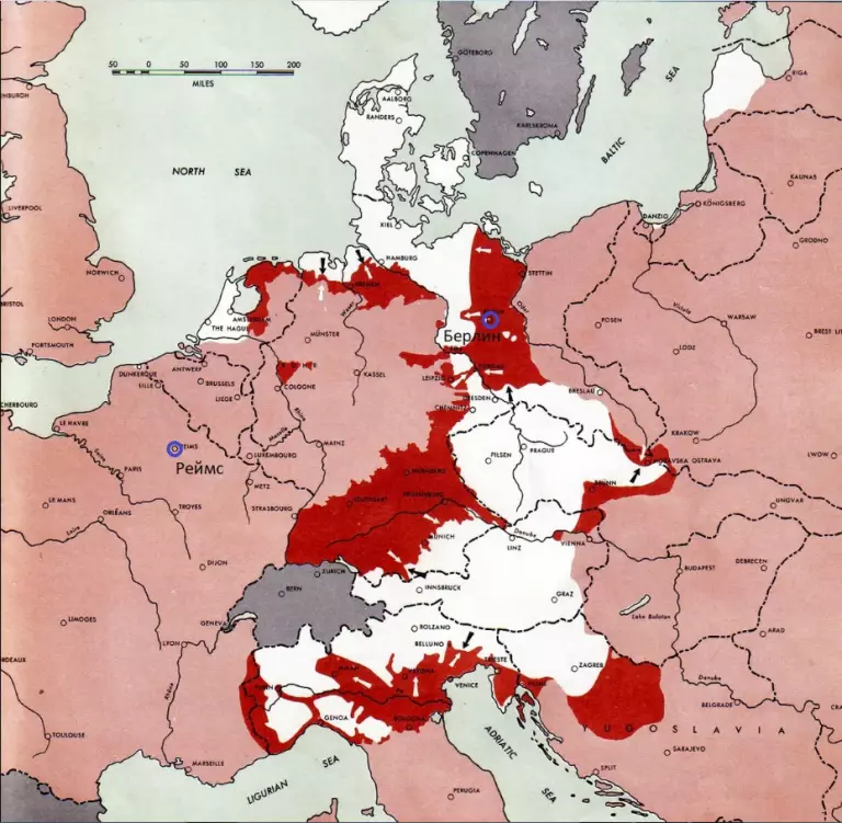 أوروبا الوسطى، مايو 1945، تتميز الدوائر الزرقاء بإنجاز ألمانيا (مصدر البطاقة - ويكيبيديا)