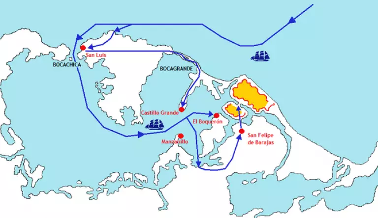 Aðgerðir franska sveit Barons Pointe við umsátrið um Cartagena í apríl 1697. singladuras.jimdo.com