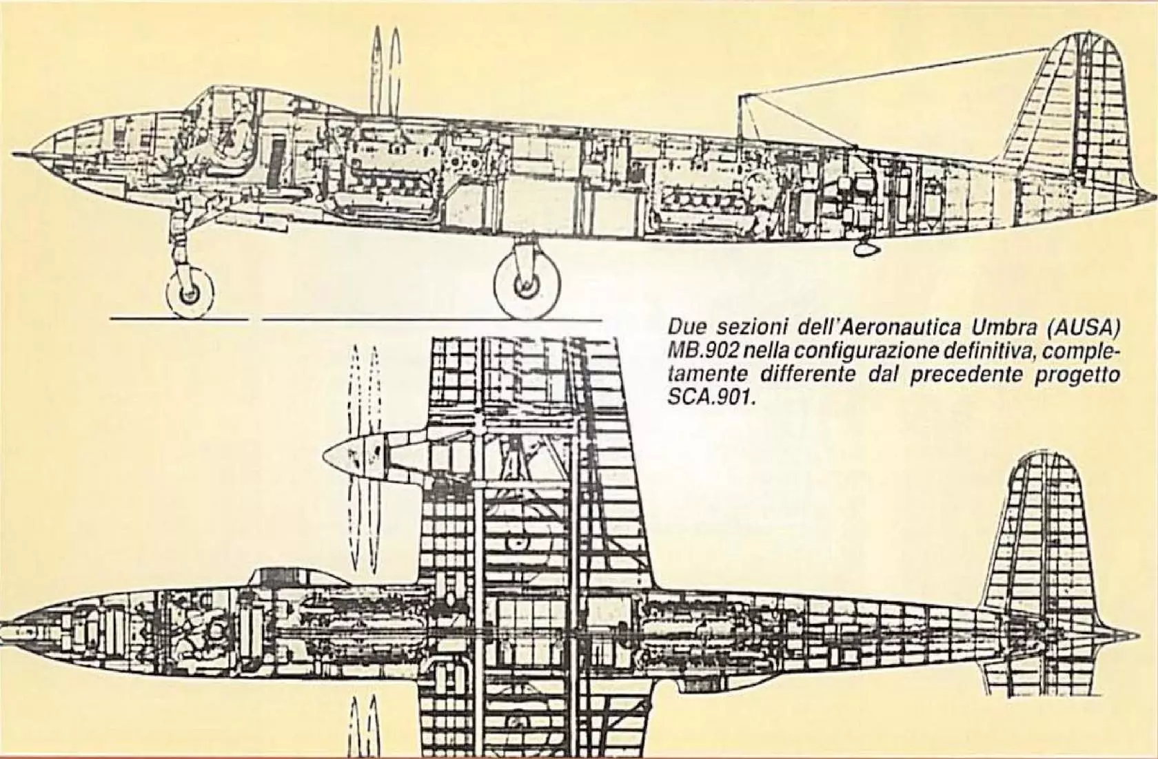 Divu dzinēju Aeronautica Umbra (AUSA) MB.902 galīgajā konfigurācijā pilnīgi atšķiras no iepriekšējā SCA.901 projekta