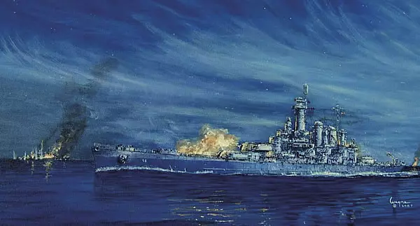 15. Slachskip Washington sjit op 'e Japanske dreadnought Kirishima yn in nachtstriid op 15 novimber 1942.