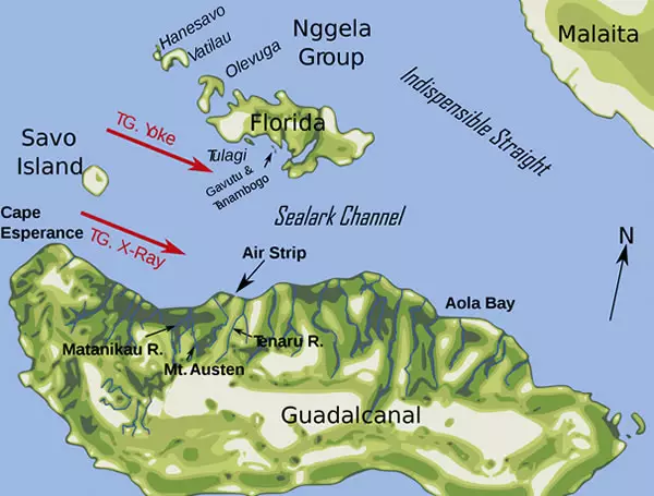 04. Guadalcanal mat ugrenzenden Inselen. Déi rout Pfeile weisen d'Bewegungsrichtung vum amerikanesche Landungsfaart un.