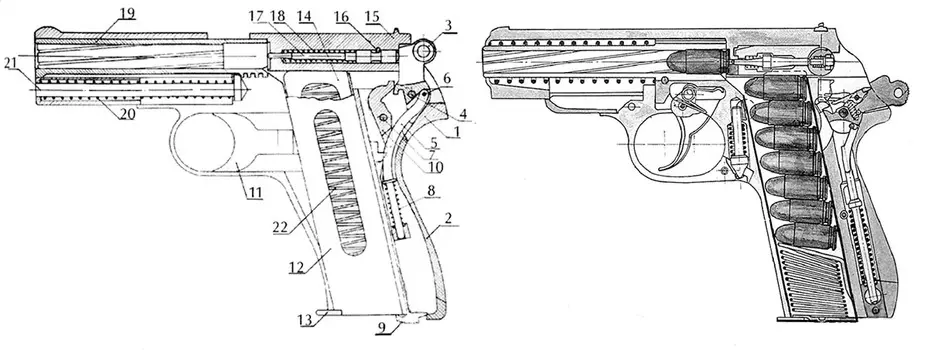 Zařízení 9 mm pistolů TKB-205 (vlevo) a PVC-1 (vpravo), 1940. Kalashnikov.com.