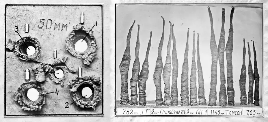 Rezultatele fotografiei cartușelor de 9-mm ale lotului OP-1 prin blocuri de lut cu o grosime de 50 mm (stânga, 9 × 18 la numărul 3) și 700 mm (dreapta), 1947. Gunsforum.com.