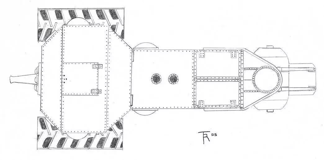 Sich no enger Sortie vun engem Doudegen. Deel 27 Dampmaschinnen Rad Tank. 1918 Hidden Damp op dräi-klappt; Vue vun uewen