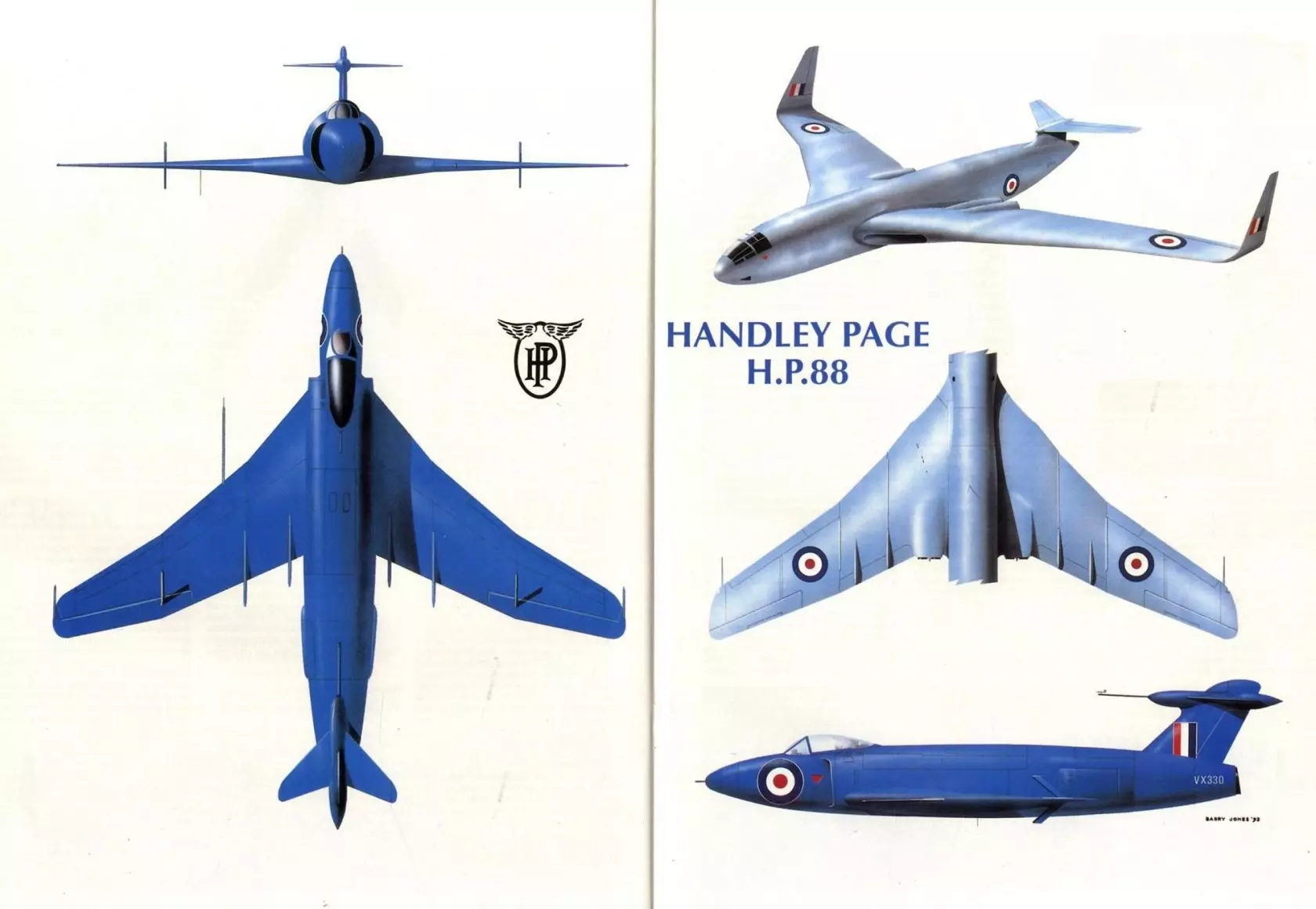 03 - Vlevo a vpravo - Dole: Tři pohledy na HP 88 před prvním letem. Rohové pruhy na odtokové hraně stabilizátoru byly přidány později; to byla jediná změna provedená v krátké 66denní kariéře H.P.88. Původně letoun nenesl odznaky křídel - byly přidány v roce 1951 před výstavou SBAC. Vpravo nahoře: kresba původního H.P.80, která byla reakcí na specifikaci B.35 / 46. Kresba založená na kombinaci varianty General Aircraft a modelu větrného tunelu z roku 1947; vpravo - uprostřed: tvar křídla v půdorysu prvního prototypu Victora H.P.80 (vojenské sériové číslo WB771). Tento diagram ukazuje rozdíly oproti křídlu H.P.88 a tím i snížení hodnoty výzkumného programu křídel, pro který byl VX330 postaven.