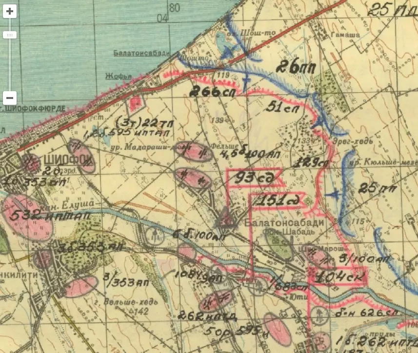 Fragment of the map with the position of the 93rd SD on March 13, 1945, which shows the position of the three tanks of the 22nd separate tank regiment from the village of Zhofya.