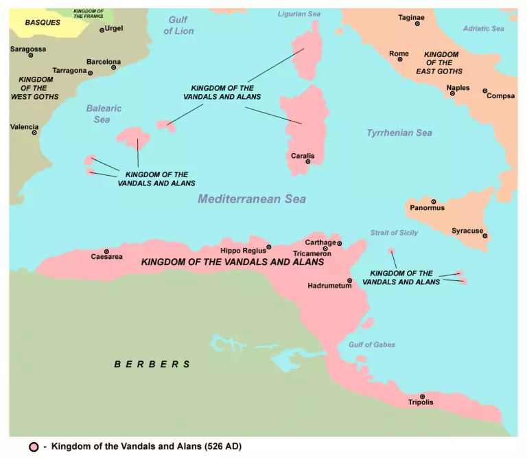 Mapa do Reino de Vandalov en 533