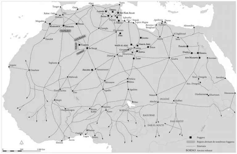 Χάρτης των εμπορικών διαδρομών Transcekar και διαδρομές στην αρχαιότητα. Πηγή: Guédon, S. La Frontière Romaine De L'Αφρική Sus Le Haut-Empire / S. Guédon. - Μαδρίτη, 2018. - Εικ. 7.