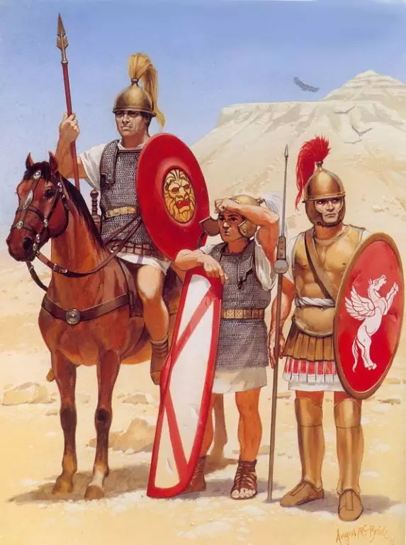 Tentara Romawi I Century SM. terhadap latar belakang lanskap Afrika. Rekonstruksi Angus McBright. Sumber: Secunda, N. Republican Roman Army abad ke-2 BC / N. Secunda. - osprey, men-at-arms 283