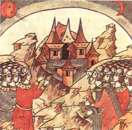Solar Eclipse voorafgegaan door de aanval van Mongol-Tataren, Russische voorbeeldkleding 1236