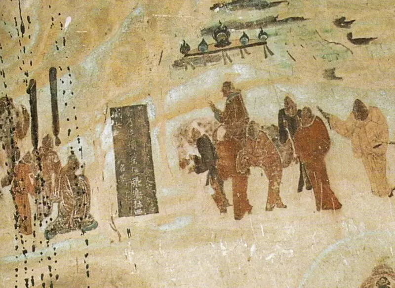 Ipinadala ni Emperor U-DI ang Zhang Qian sa embahada sa bansa ng dalawahan. Fresco mula sa Mogao Cave, VII siglo AD. ph.wikipedia.org.