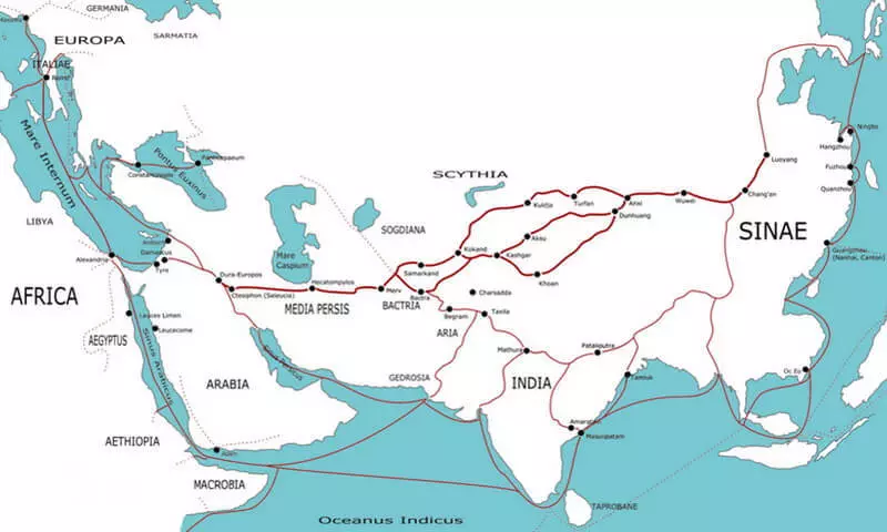 Mapa de las principales rutas del Gran Sendero Shelkovaya en el siglo II aC. - El siglo V dC. Commons.wikimedia.org.