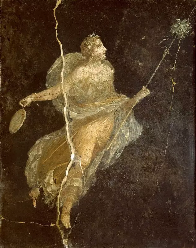 Menada en un vestido de seda ligero. Fresco romano de la casa del marinero en Pompeium, siglo. Museo Nacional de Arqueología, Nápoles. en.wikipedia.org.